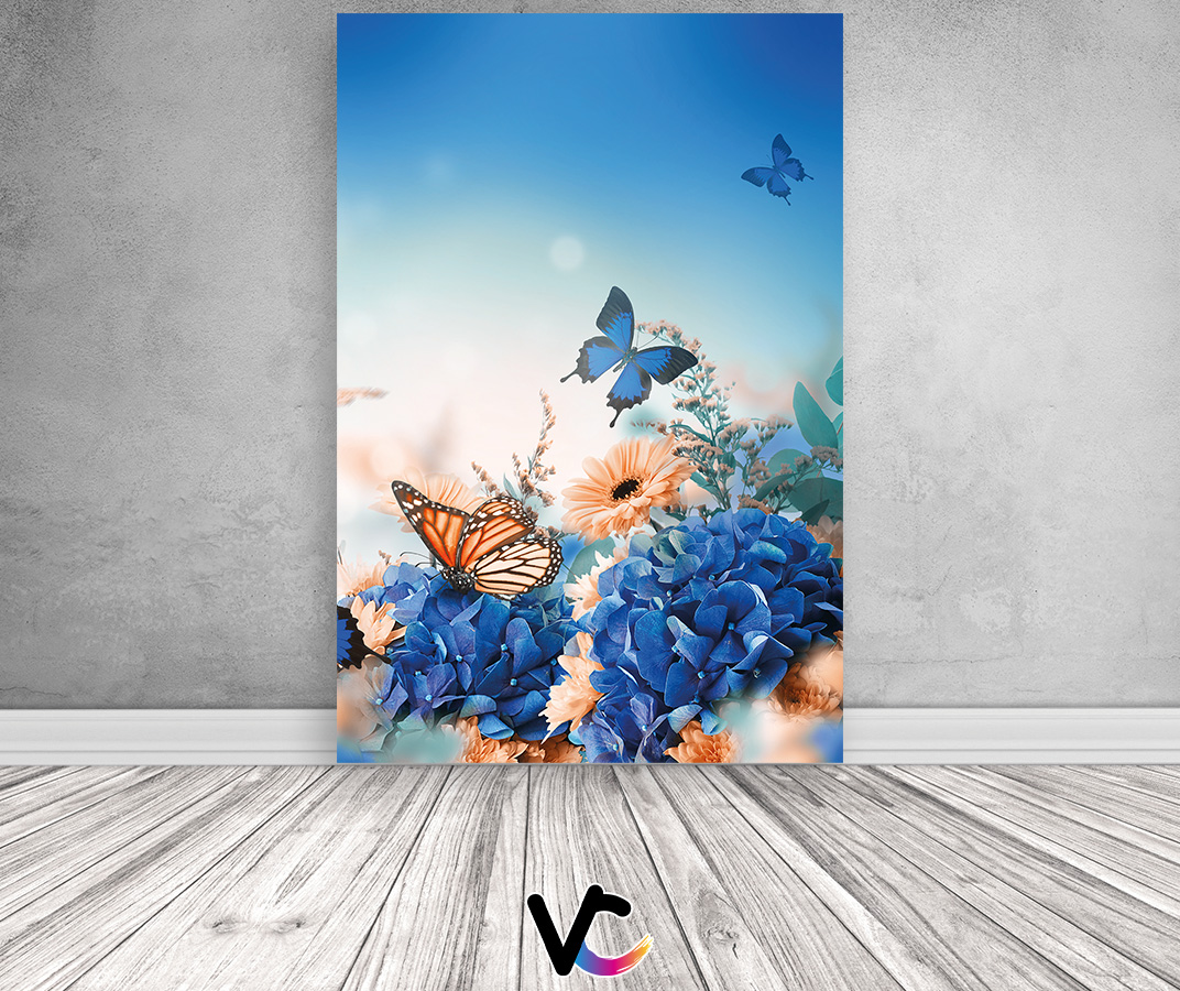 Painel De Festa Vertical 1,50 x 2,20 - Borboleta e Flores Azuis e ...
