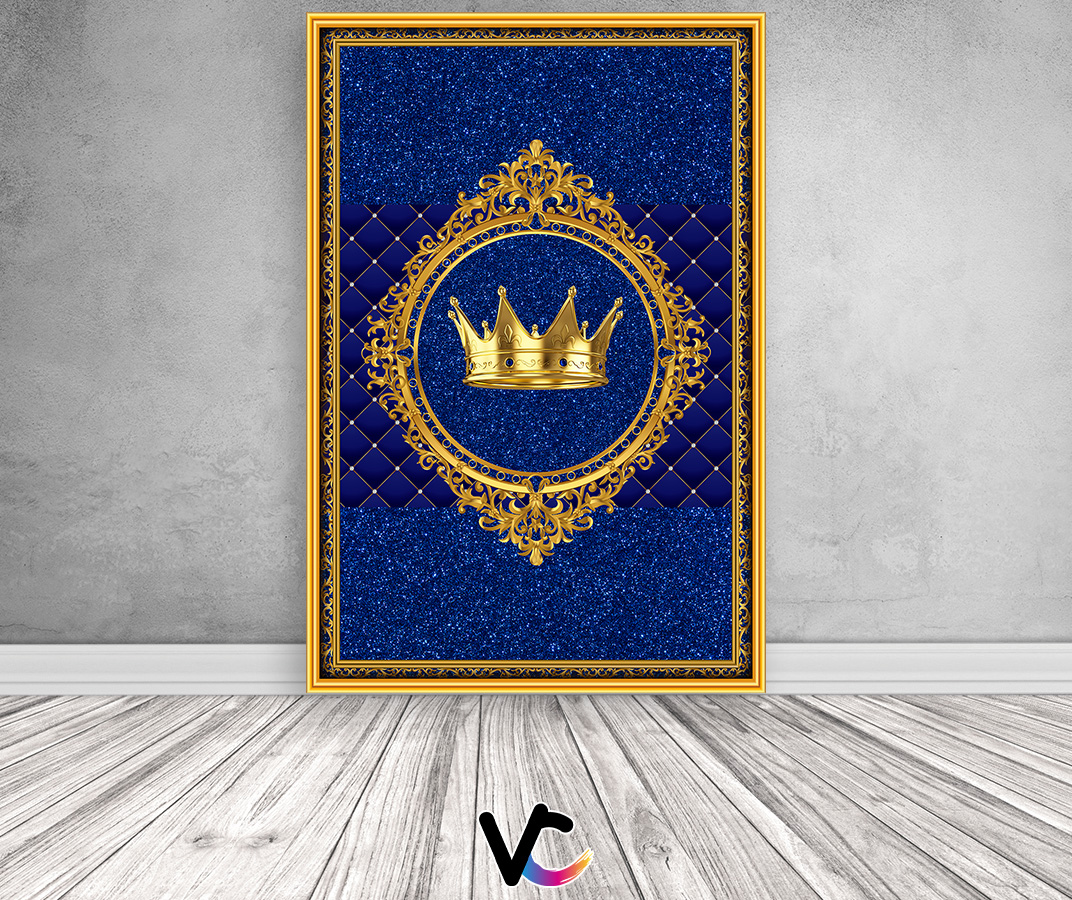 Painel De Festa Vertical 1,50 x 2,20 - Coroa Realeza Azul com Dourado ...