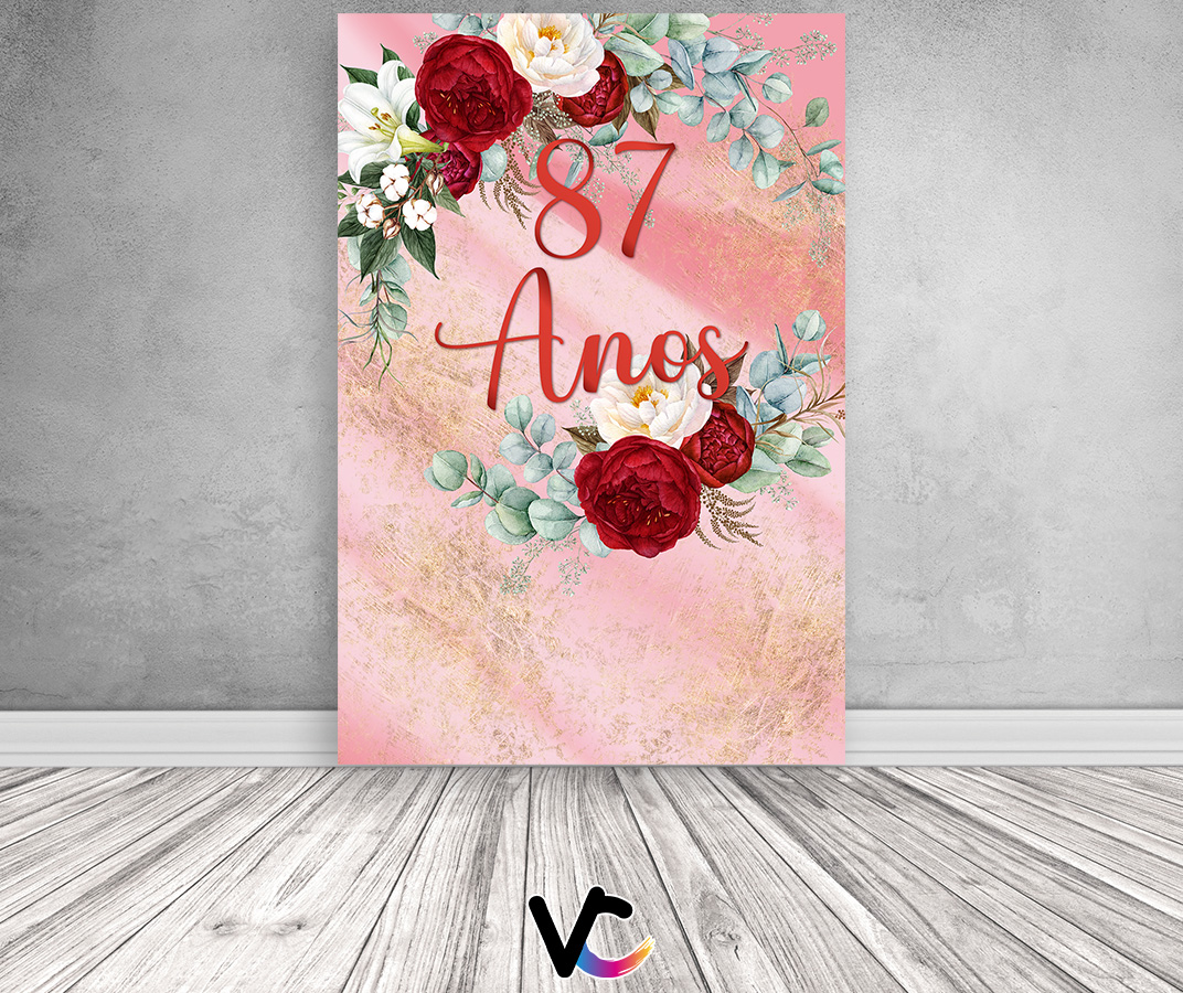 Painel De Festa Vertical 1,50 x 2,20 - Efeito Mármore Floral 87 Anos ...