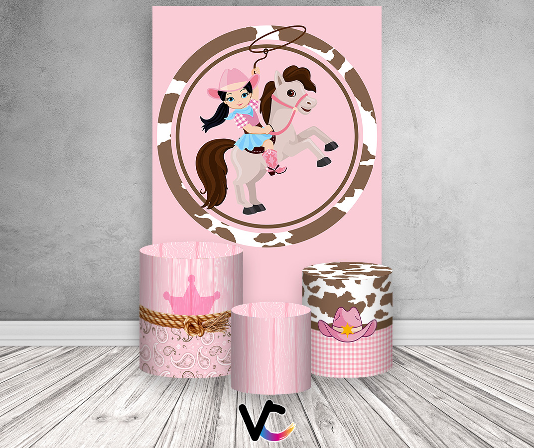 Painel De Festa Vertical 1,50 x 2,20 + Trio De Capas Cilindro - Boiadeira Morena Fundo Rosa e ...