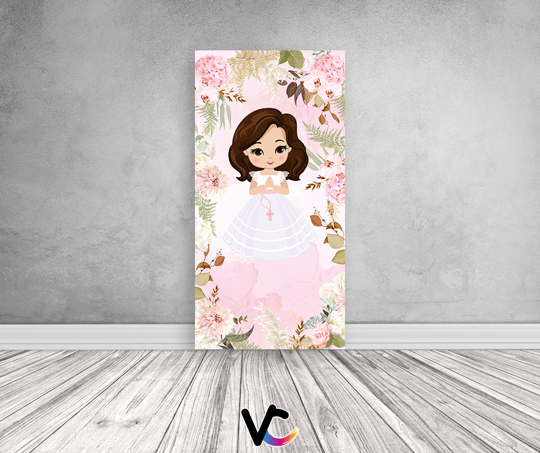 Painel De Festa Vertical 1,00 x 2,00 - Primeira Eucaristia Menina Cute 018 - Via Cores - Paineis ...