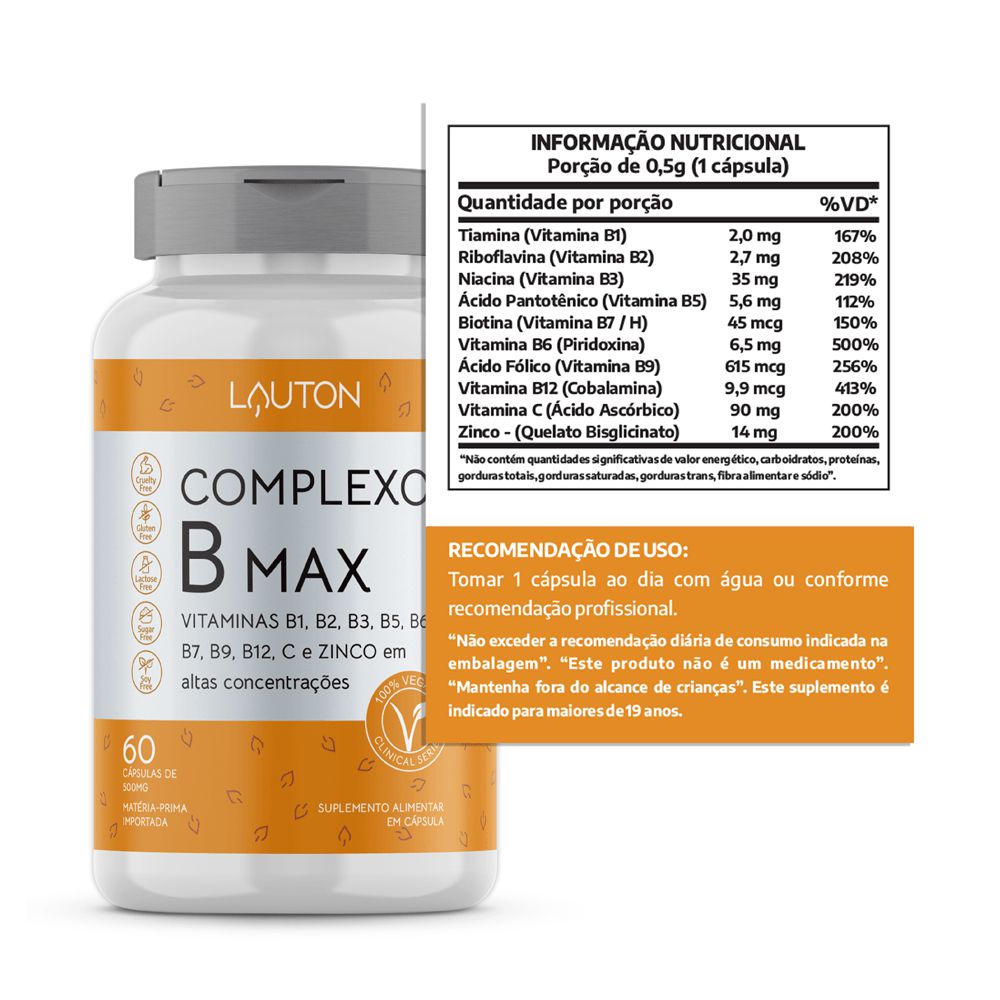 COMPLEXO B Max - 60 Cápsulas - Lauton Nutrition - Divina Nutrição Enteral