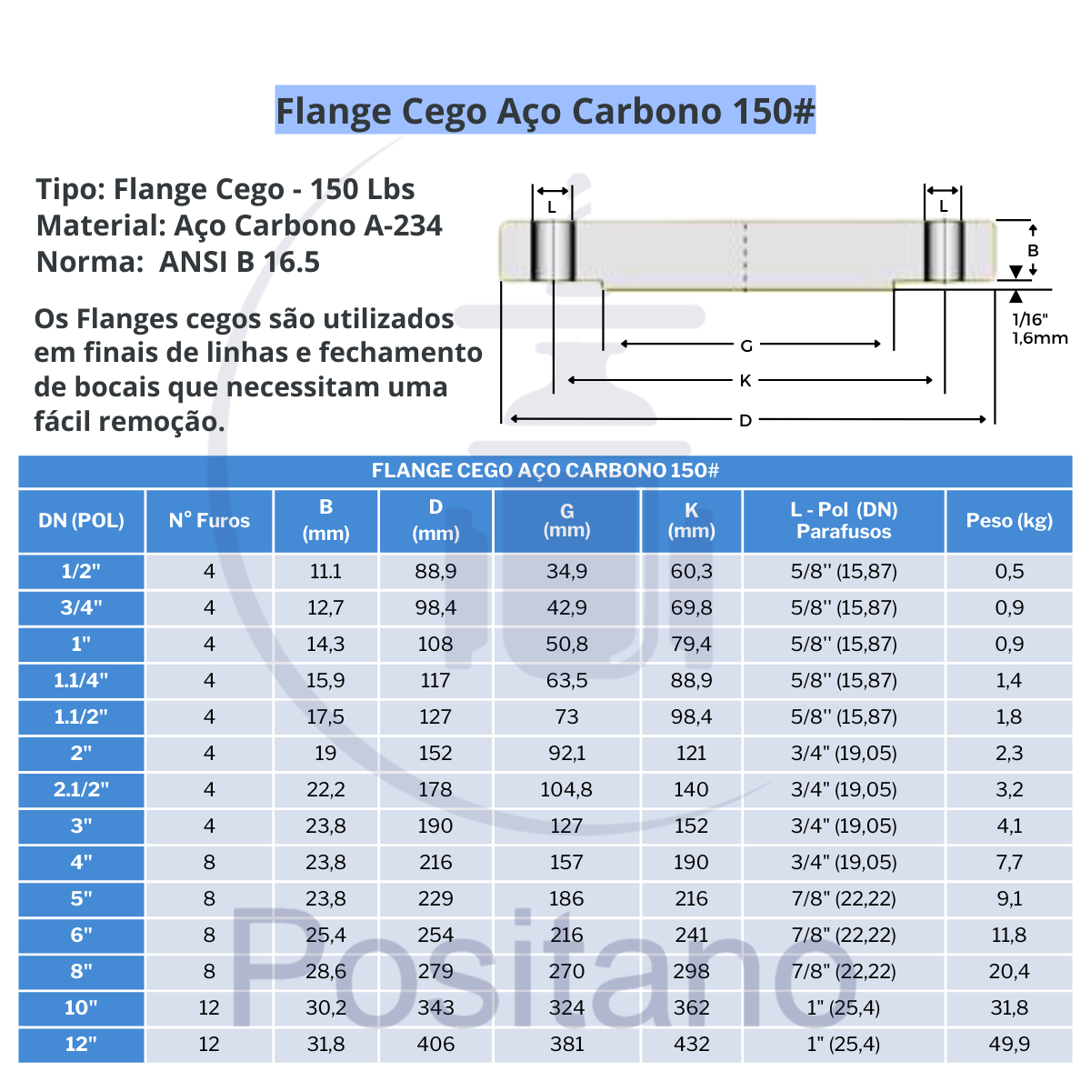 Flange Cego de Aço Carbono #150lbs Norma ANSI - Aços Positano ...