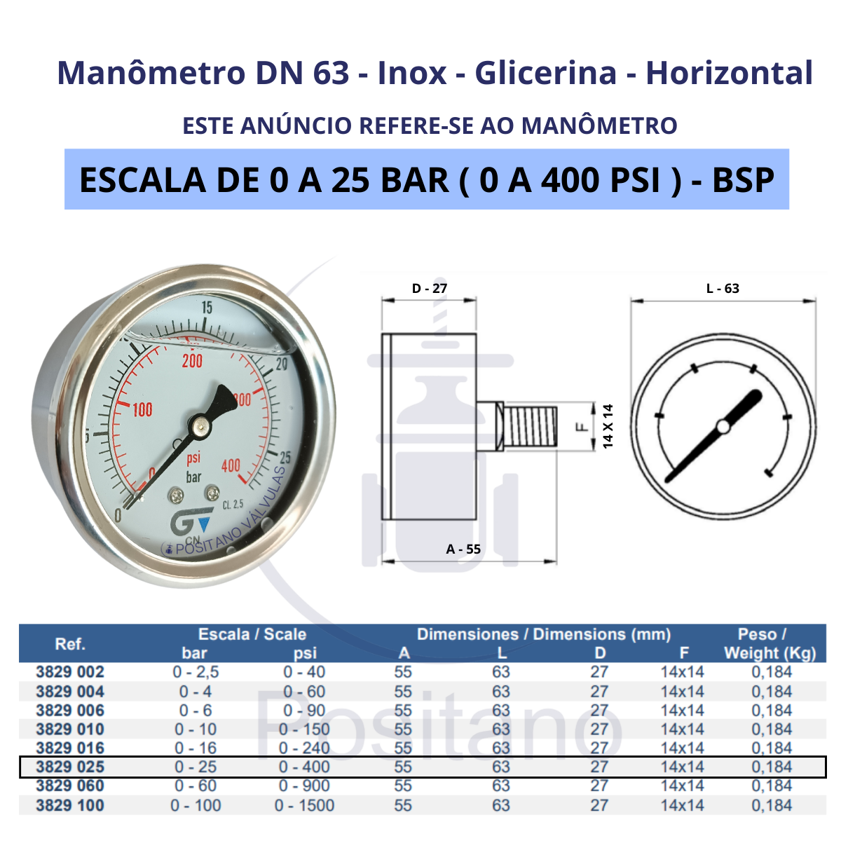 Manômetro Inox Glicerina Horizontal 25 bar / 400 psi Dn 63 REFC 3829 ...