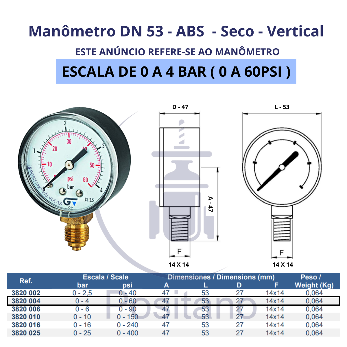 Manômetro DN 53- ABS - Seco - Vertical – BSP - Bar / Psi - Aços ...
