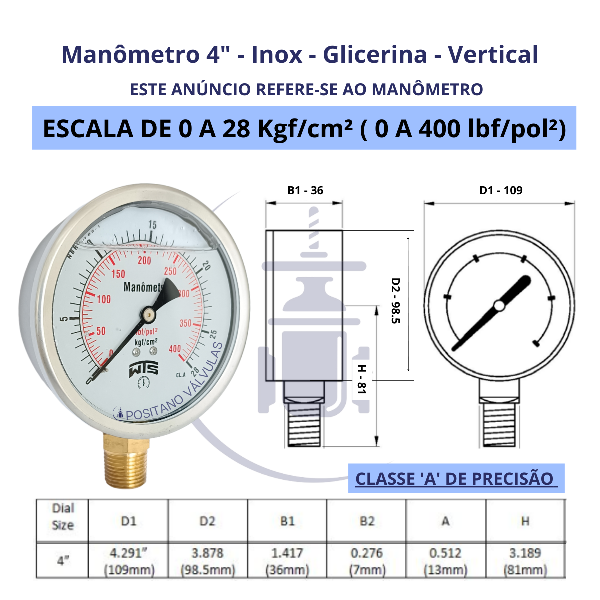 Manômetro 100MM 28 Kgf/cm² - Inox – Vertical – Glicerinado – Winters ...