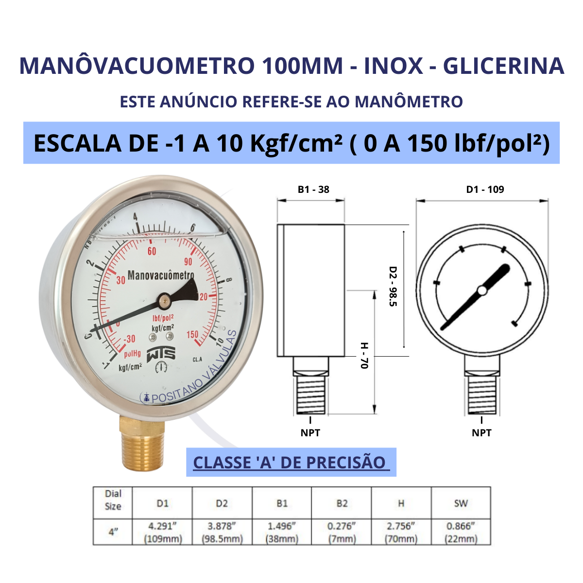 Manovacuômetro 100MM -1 a 10 Kgf/cm² - Inox – Vertical – Winters - Aços ...