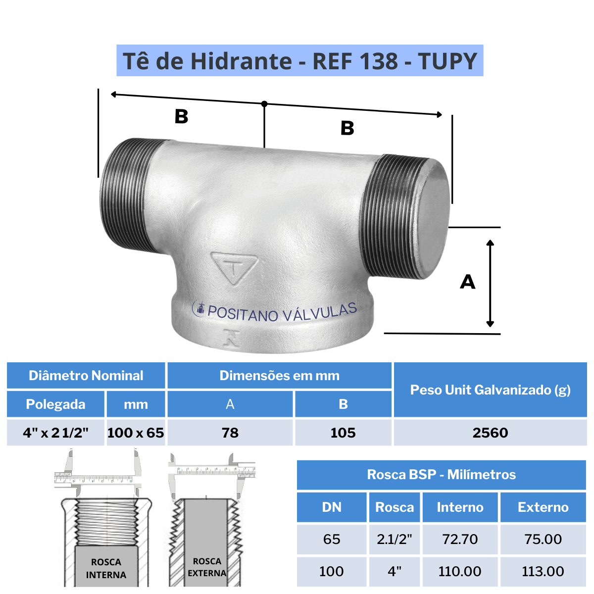 Tê de Hidrante Galvanizado Rosca BSP - REF 138 - TUPY - Aços Positano ...