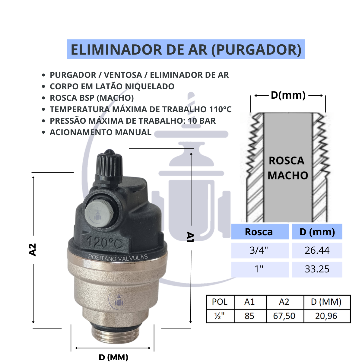 Eliminador de Ar Ventosa Plástica Macho BSP 1/2" Polegadas - Emmeti ...