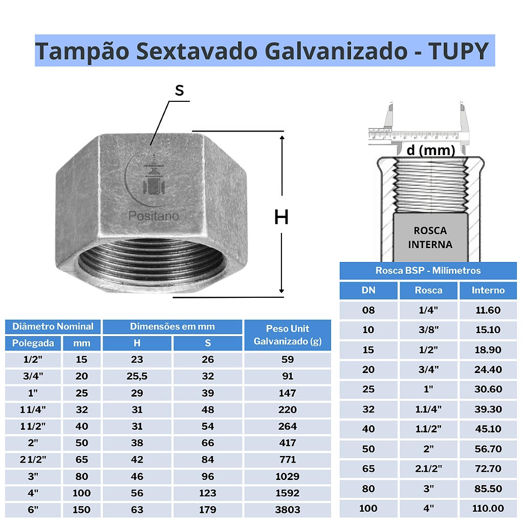 Tampão com Sextavado Galvanizado TUPY-300 BSP 3/4" - Aços Positano ...