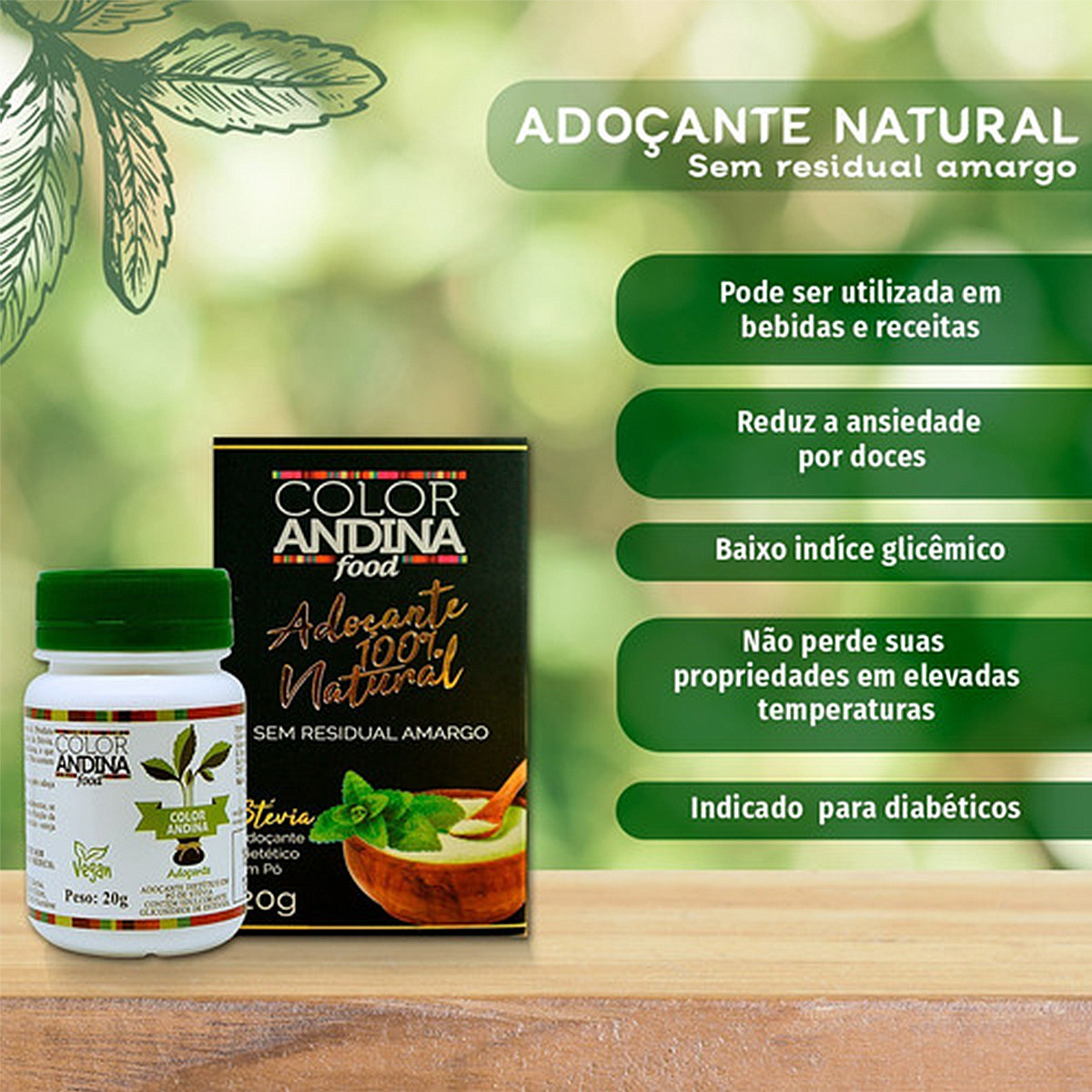 ADOCANTE STEVIA COLOR ANDINA 20G - FarmaViver - Farmácia Online 24 horas