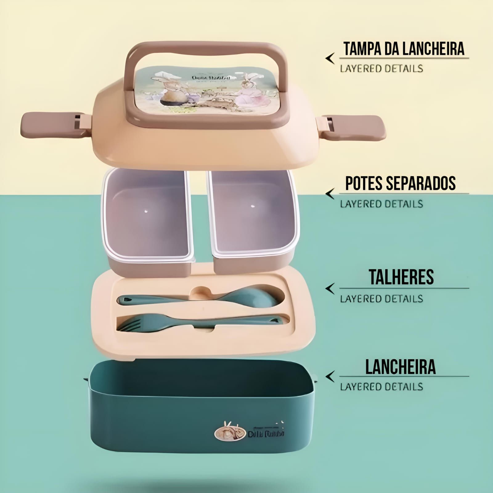 Marmita Lancheira Infantil 3 Compartimentos Com Talheres Debi Rabbit ...