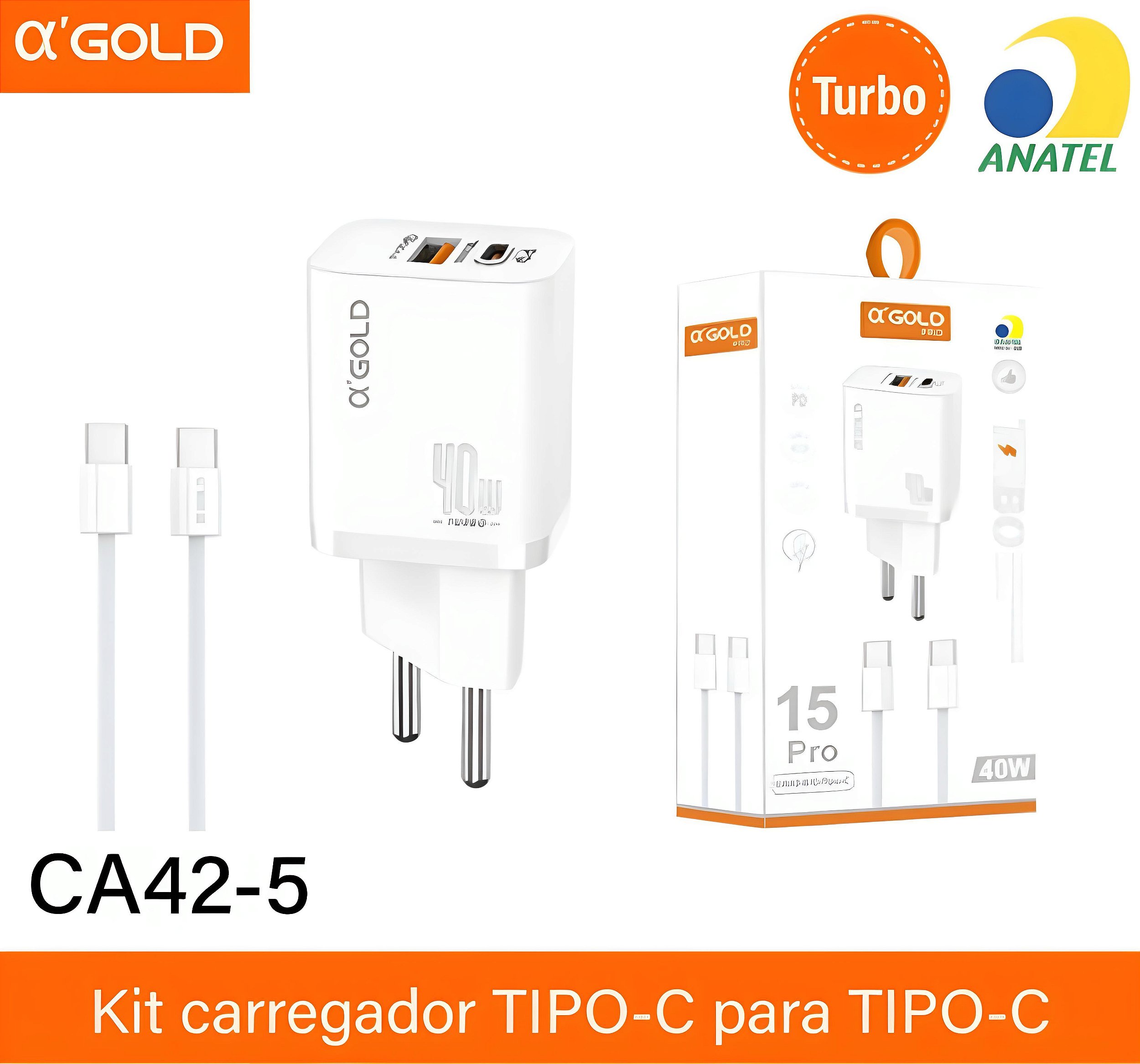 Carregador Completo Turbo 40W Duas Entradas Cabo Tipo C A'Gold CA42-5 - Importados NAVI Atacado