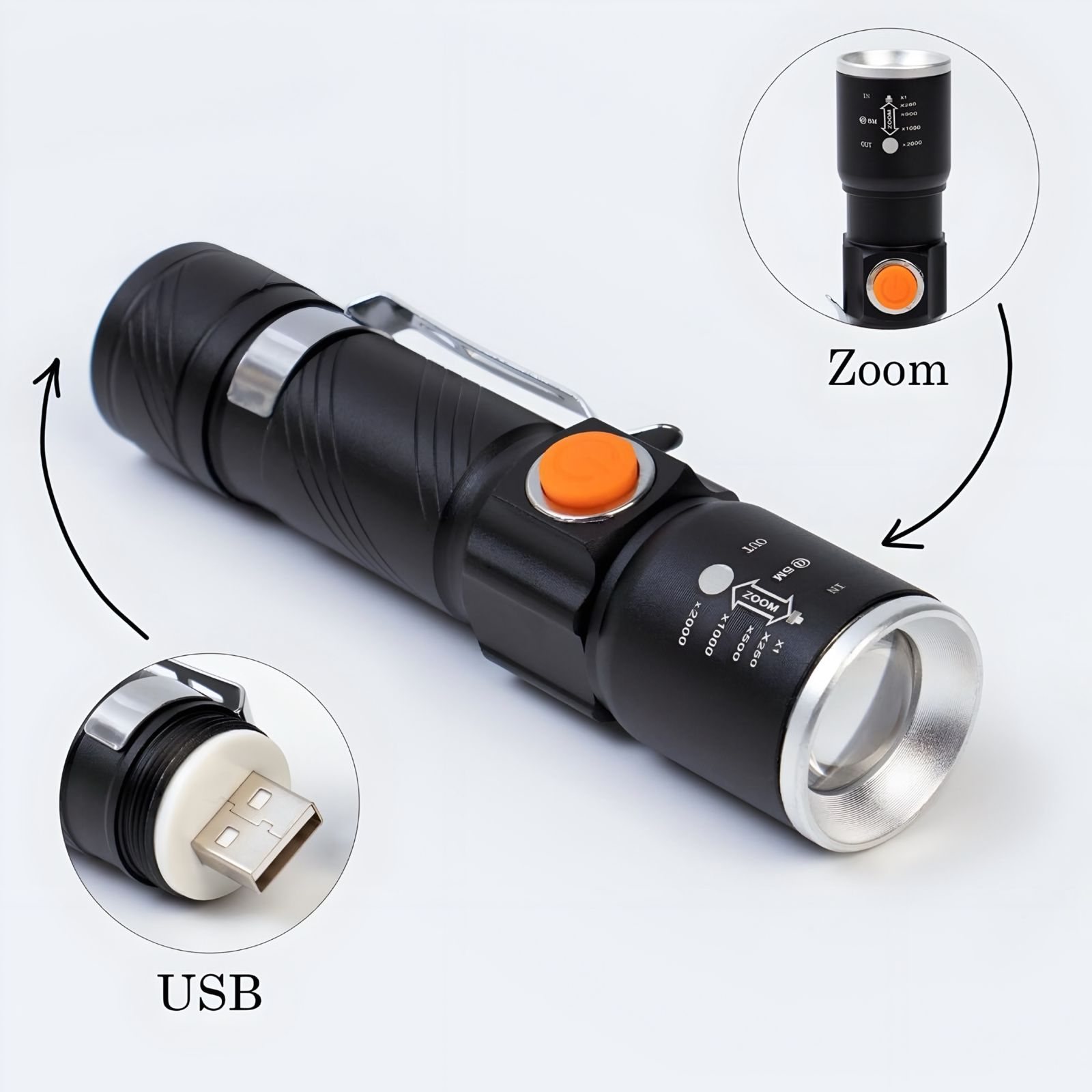 Mini Lanterna Recarregável USB Longo Alcance Com Zoom B-Max BM-8411 ...