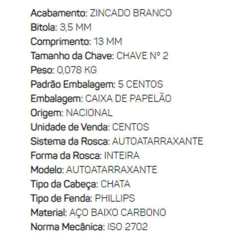 Parafuso Ch Ph Aa 3 5 X 13 Ri Zb Caixa Com 500 Ciser Comercial