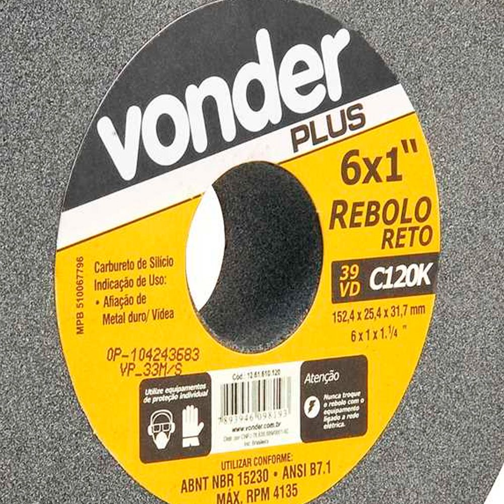 Rebolo Reto Moto Esmeril 6'' x 1'' Grão 120 Fino Verde Vonder Plus ...
