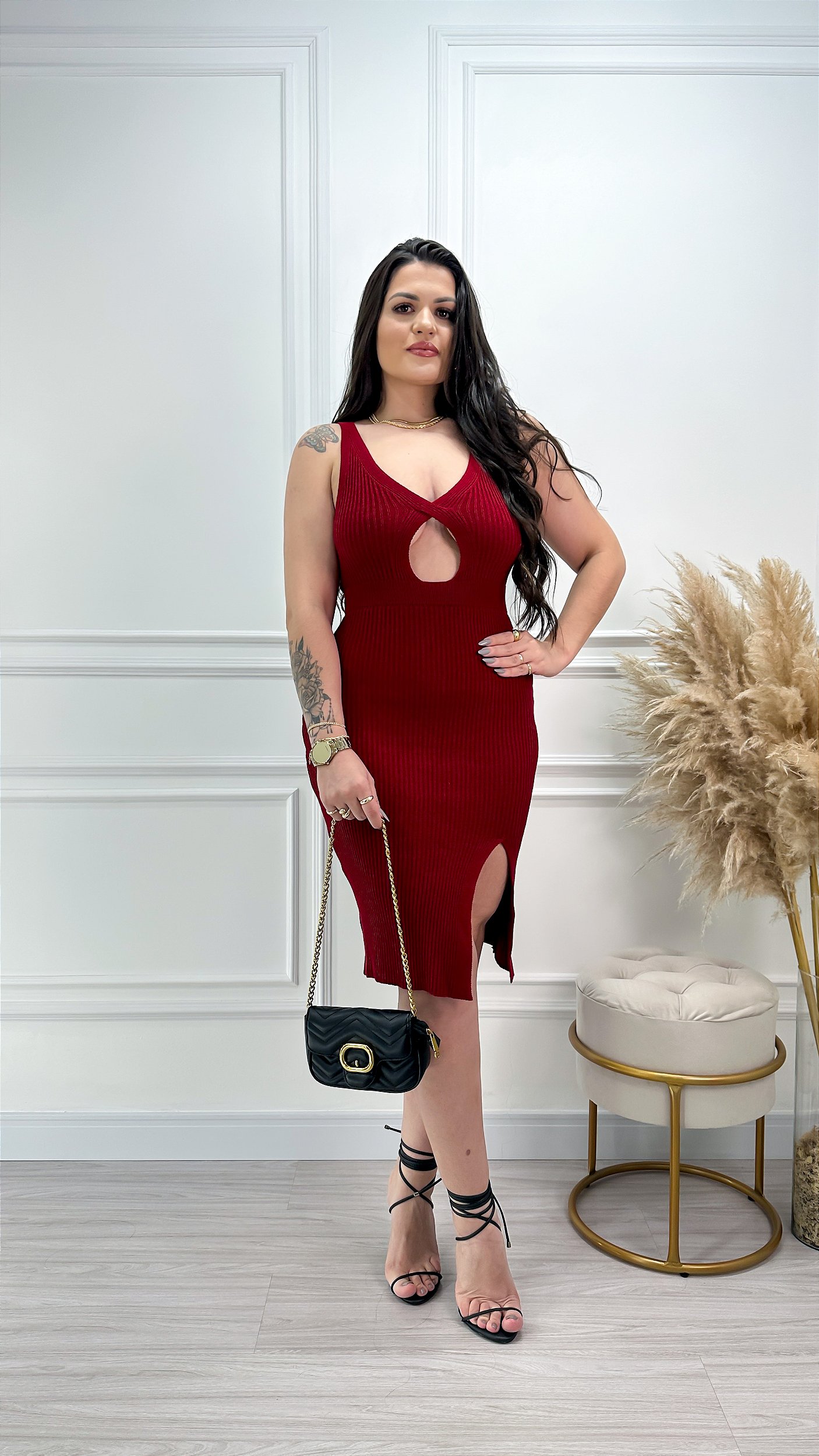 Vestido Feminino Luna Tricot Modal Canelado Cereja - Studio Feminino Grazi