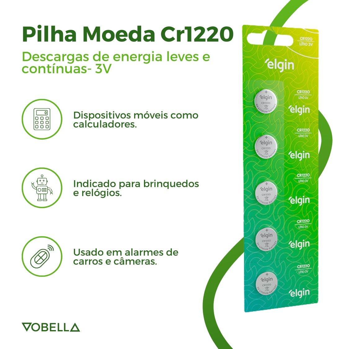 5 Baterias Pilha Moeda Cr1220 3V 1 Cartela Relógios Elgin - Vobella