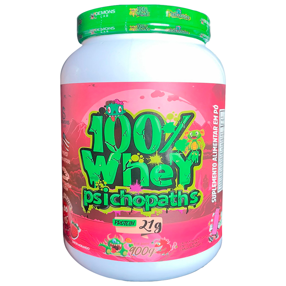 Whey Protein Concentrado Psichopaths Morango 900g Demons Lab - Taurene Suplementos