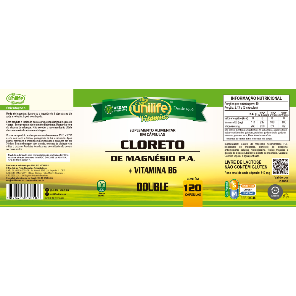 Cloreto De Magnésio P.A. + Vitamina B6 810 Mg Unilife 60 Cápsulas | Em - Empório & Cia Produtos ...