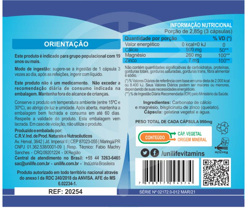 Zincal - Cálcio, Magnésio e Zinco 950 mg Unilife 60 Cápsulas | Empório ...