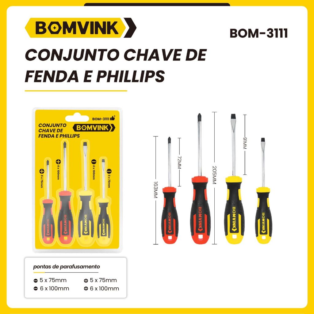 CONJUNTO 4 CHAVES FENDA/PHILIPS BOM-3111 - Gimix informatica
