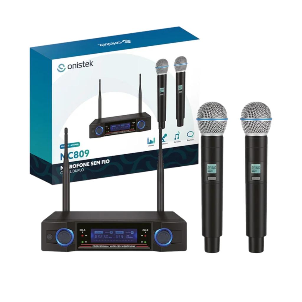 CONJUNTO COM 2 MICROFONES SEM FIO E 1 BASE RECEPTORA 100-220V DC 12V ON ...