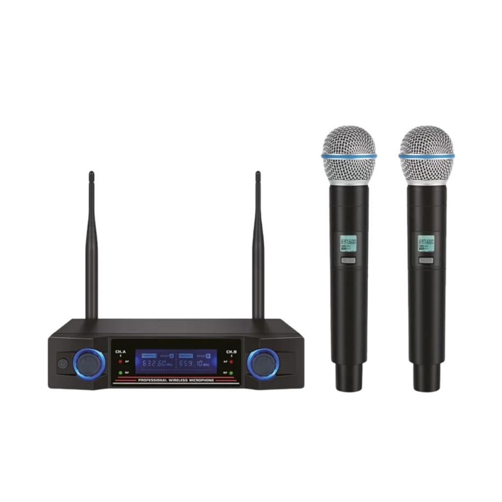 CONJUNTO COM 2 MICROFONES SEM FIO E 1 BASE RECEPTORA 100-220V DC 12V ON ...