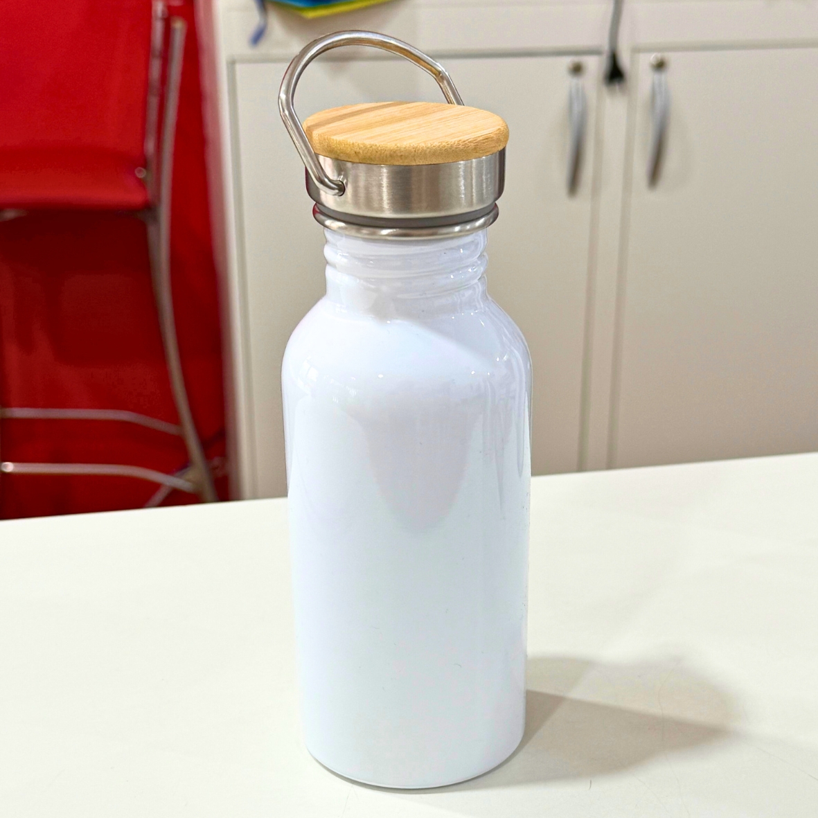 Garrafa Leiteira para Sublimação em Aço Inox Branca com Tampa Bambu ...