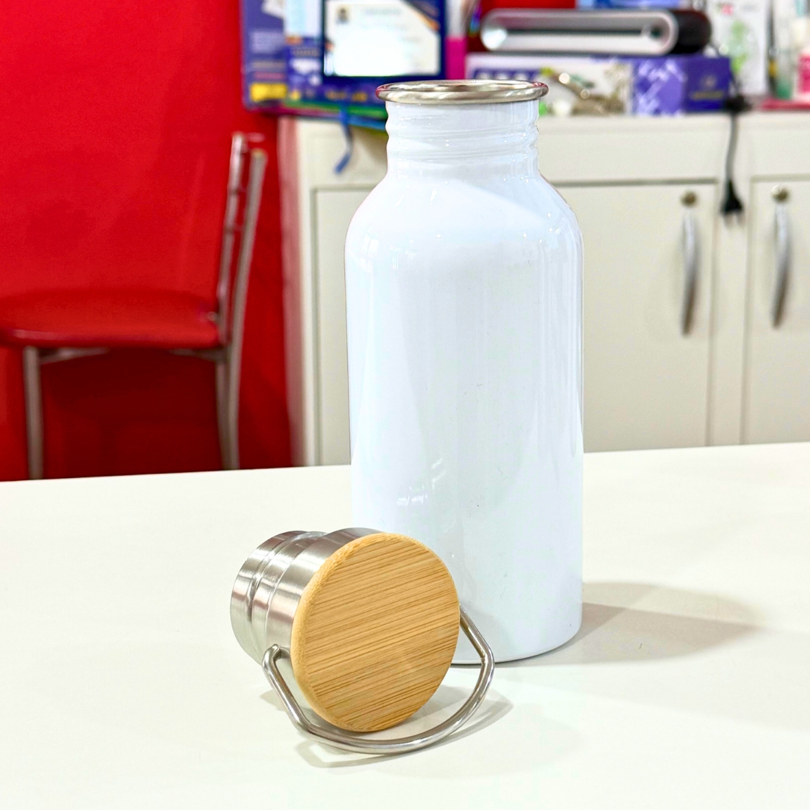 Garrafa Leiteira para Sublimação em Aço Inox Branca com Tampa Bambu ...