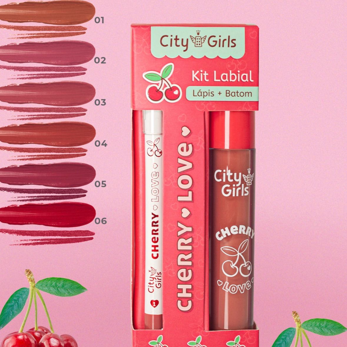 Kit Labial Lápis + Batom Cherry Love (COR 06) - City Girls - Imagine Tudo Isso