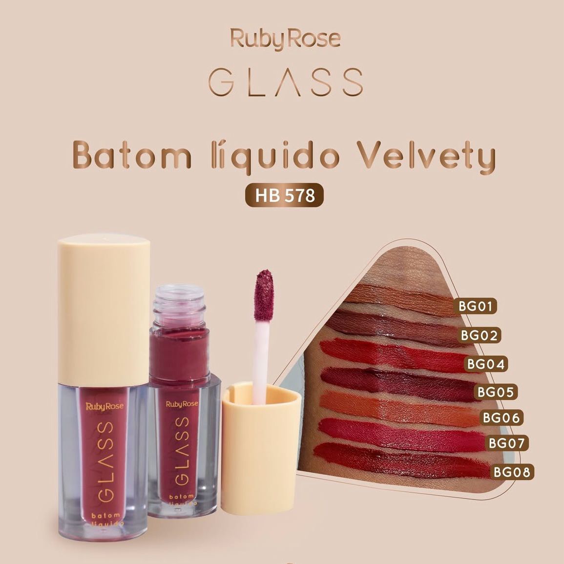 Batom Líquido Velvety Glass (COR BG02) - Ruby Rose - Imagine Tudo Isso