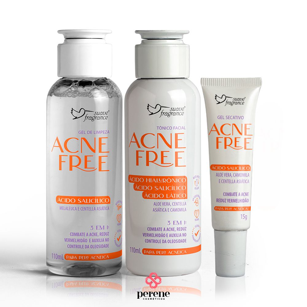 Kit Acne Free Tônico Facial + Gel de Limpeza + Gel Secativo - Perene Cosméticos
