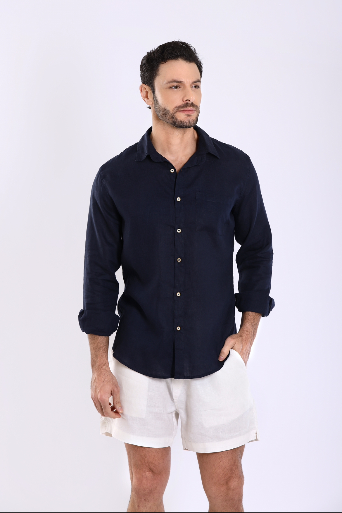 CAMISA PURO LINHO MANGA LONGA AZUL - Studio Aja