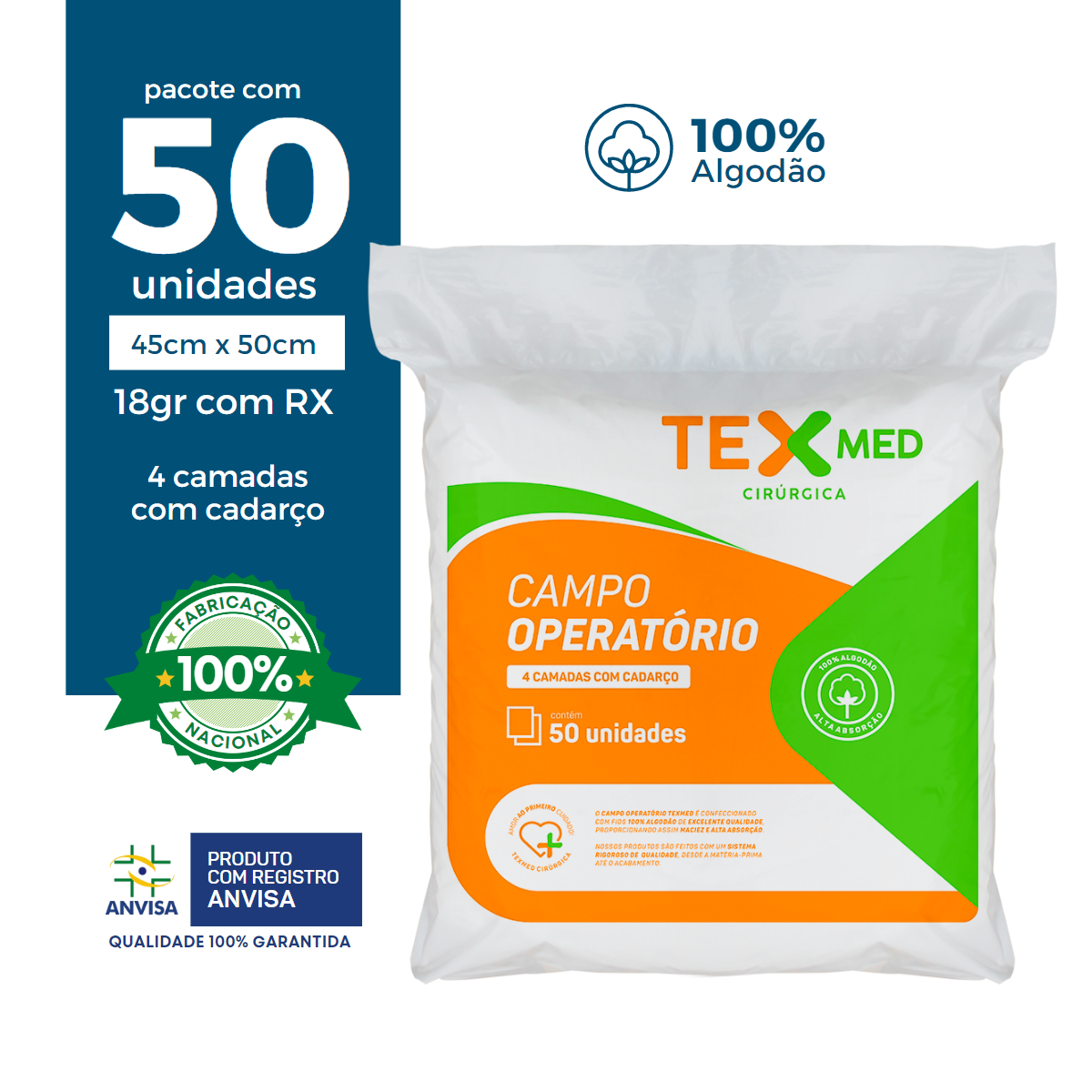 Campo Operatório Texmed 18gr com RX 45cm x 50cm Kit 50 Unidades - Casa da Gaze Produtos Hospitalares