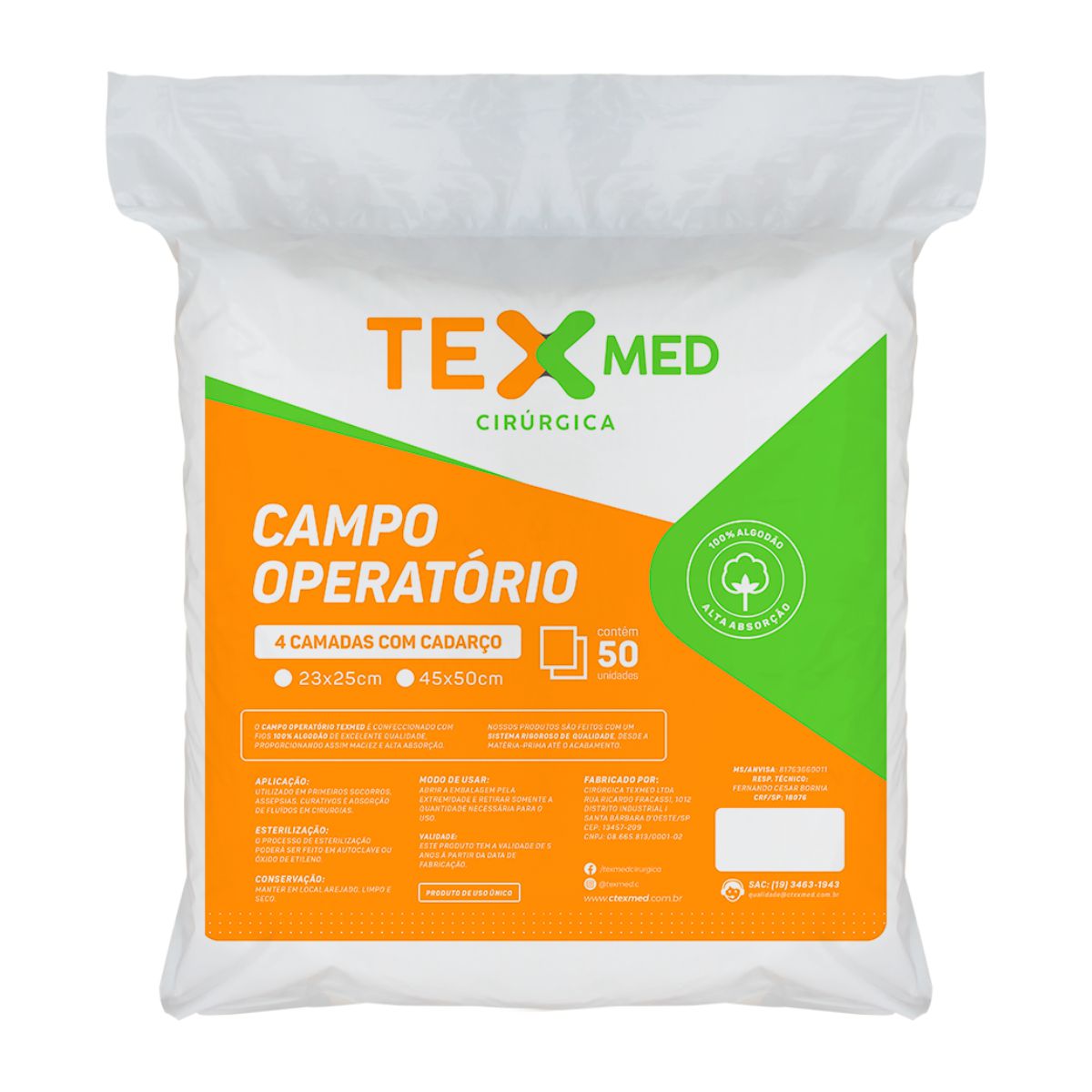 Campo Operatório Texmed 18gr com RX 45cm x 50cm Kit 50 Unidades - Casa da Gaze Produtos Hospitalares