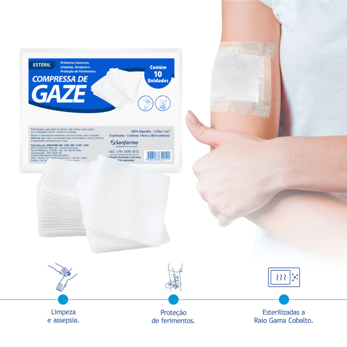 Compressa de Gaze Estéril 11 Fios 7,5x7,5cm Algodão 10 Envelopes - Casa ...