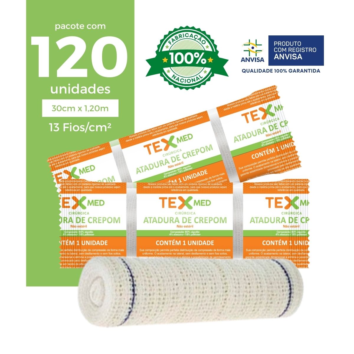 Atadura de Crepom 30cm x 1,20m 13 Fios Texmed - Pacote com 120 un - Casa da Gaze Produtos ...