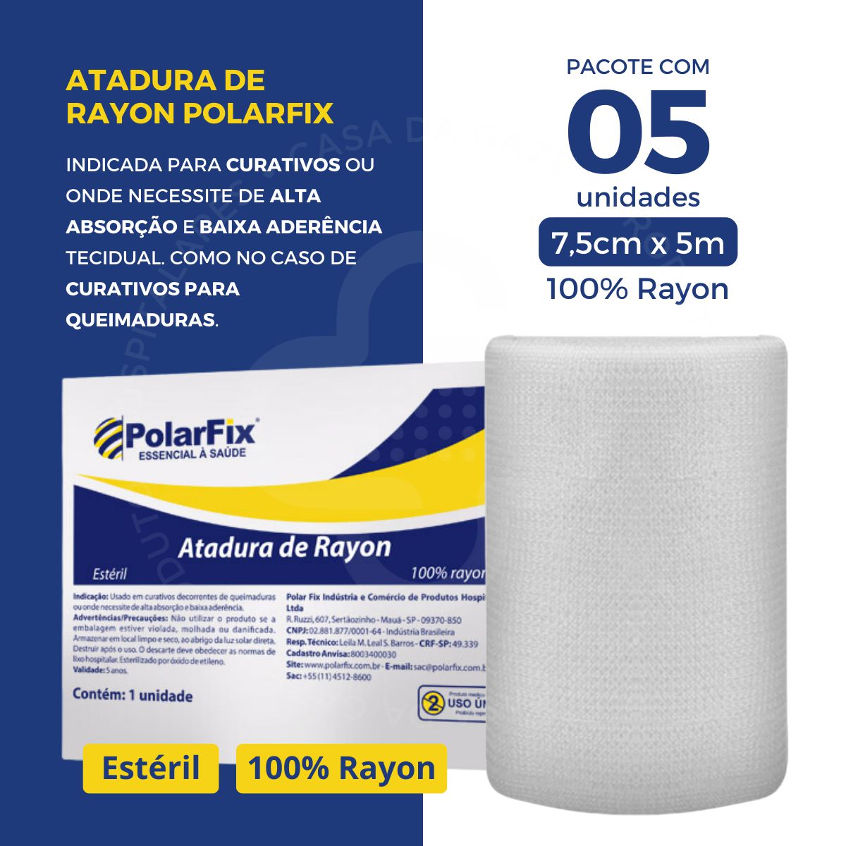 Atadura Rayon Bandagem Estéril 7,5cm X 5 Metros 5 Unidades - Casa da Gaze Produtos Hospitalares