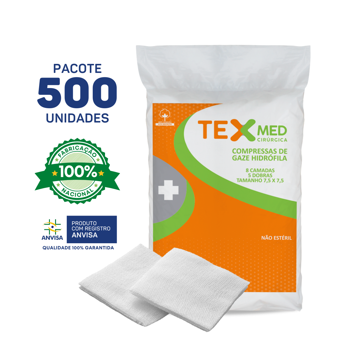 Compressa de Gaze Hidrófila Texmed 13 Fios 500 Unidades - Casa da Gaze Produtos Hospitalares
