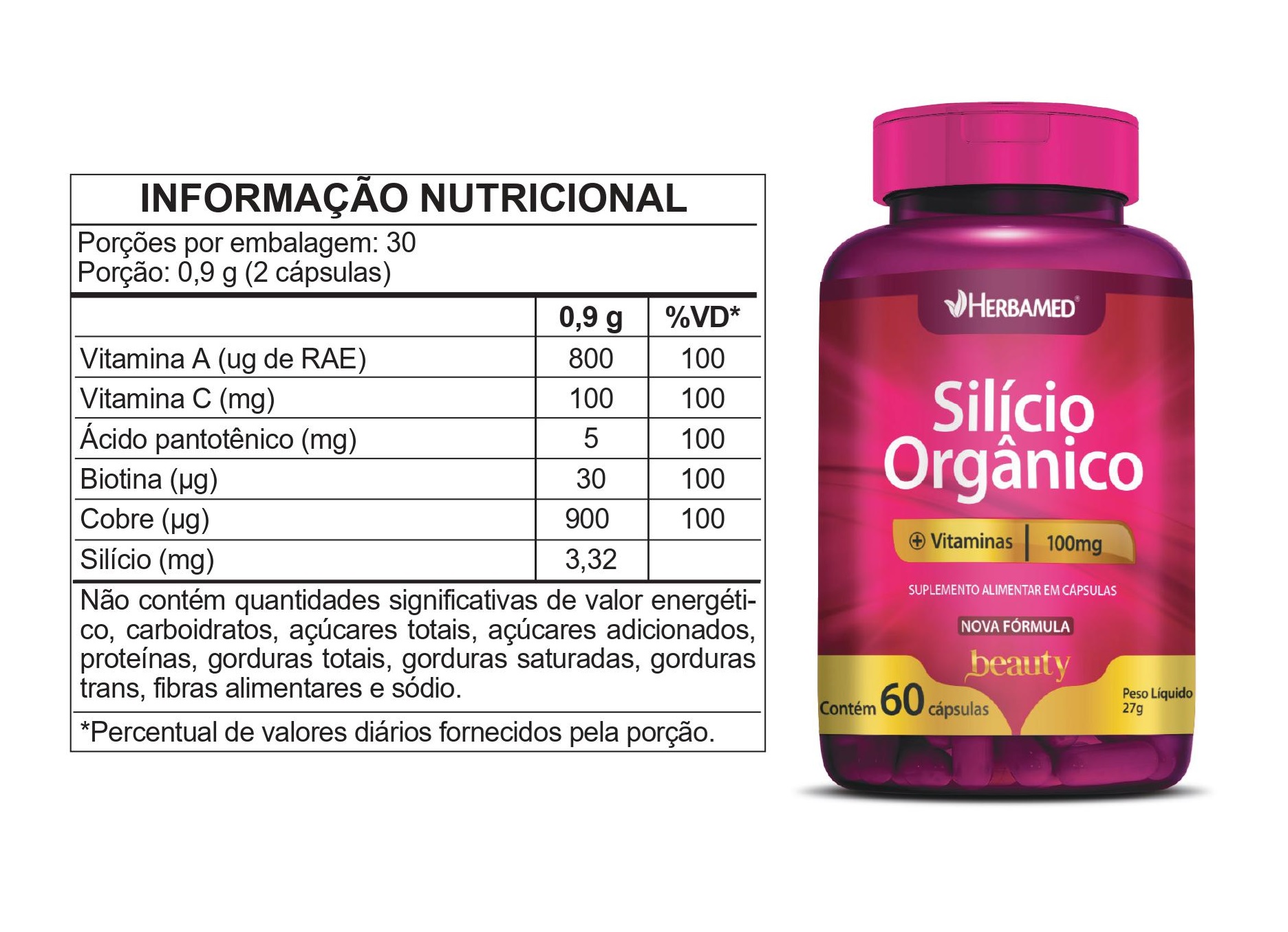 Suplemento Alimentar Herbamed Beauty Silício Orgânico + Vitaminas 100mg ...