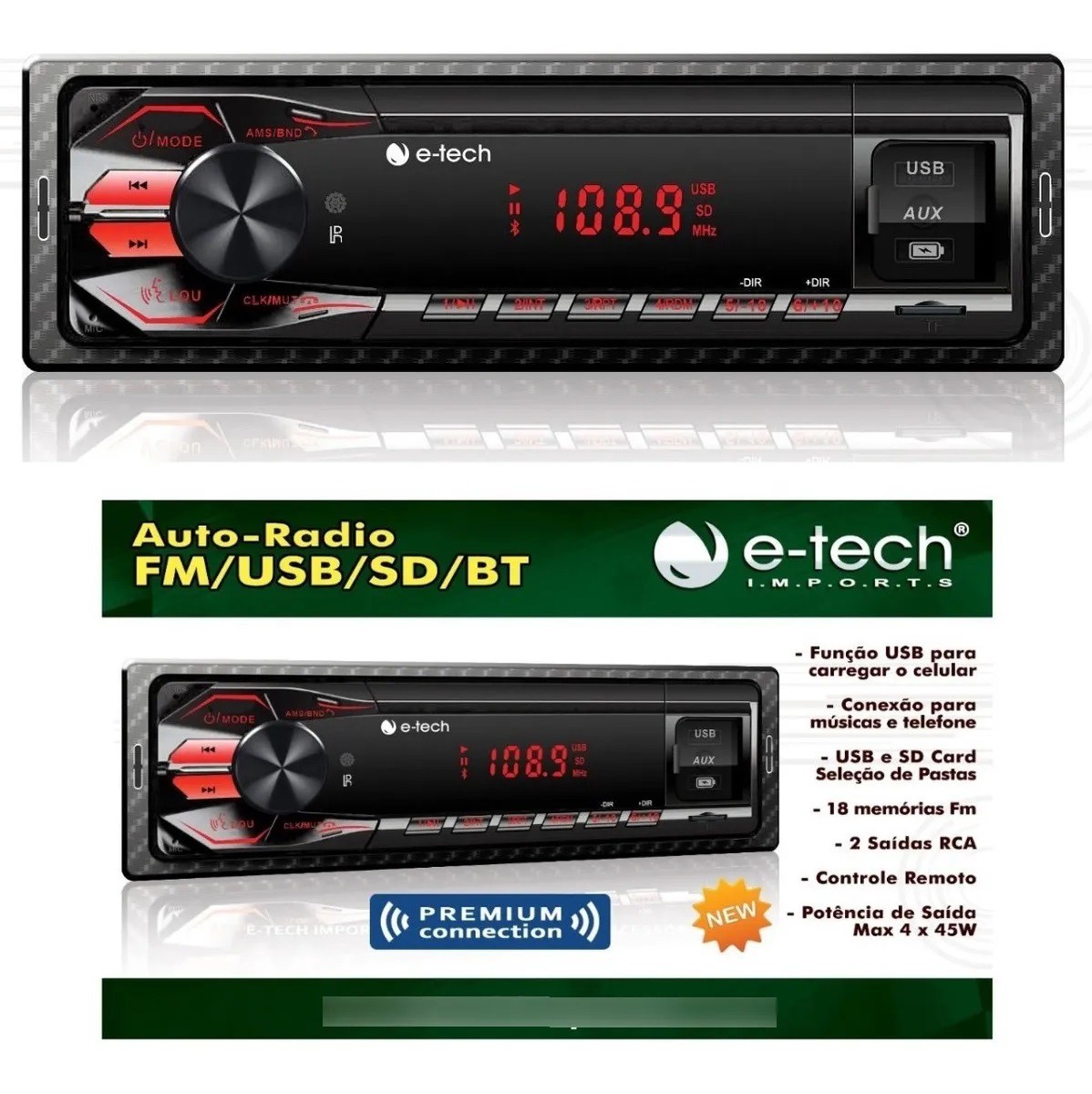 Novo Radio Automotivo E-tech Premium Bluetooth Usb Aux Sd Controle ...