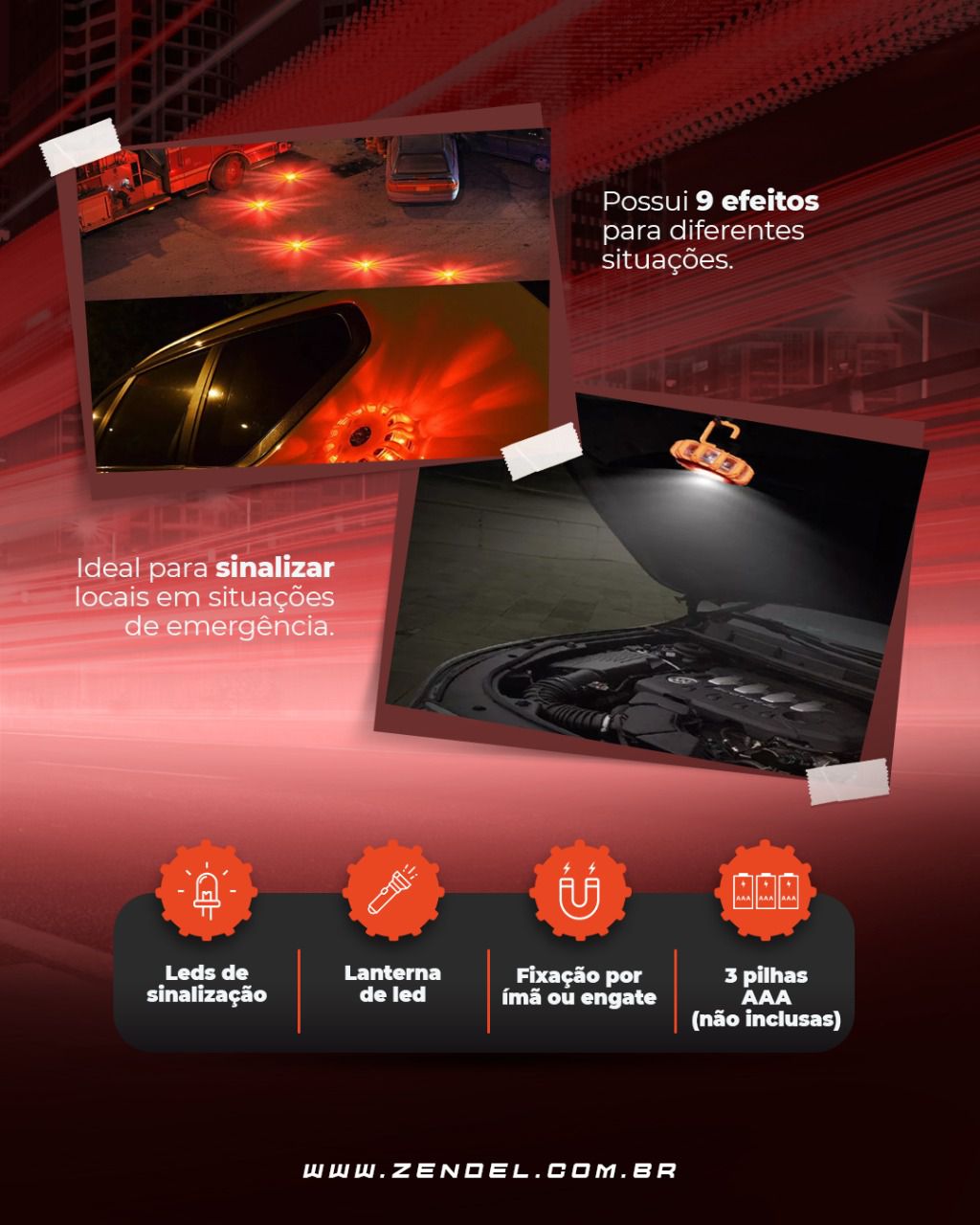 Sinalizador de Led Zendel a Pilha 9 Efeitos com Imã - Aleta Online