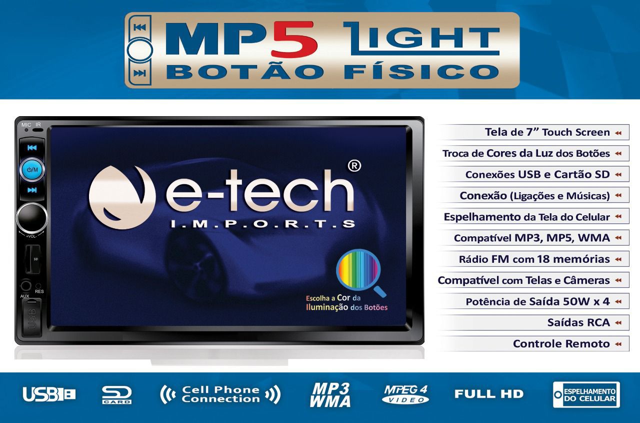 Central Multimídia 7 Polegadas Etech Light com Camera de Ré - Aleta Online
