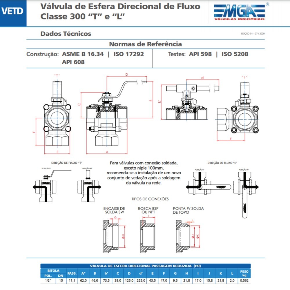 Válvula Esfera VETD-T 1/2' PP CF8 CL 300 BSP - MGA - Engenorma