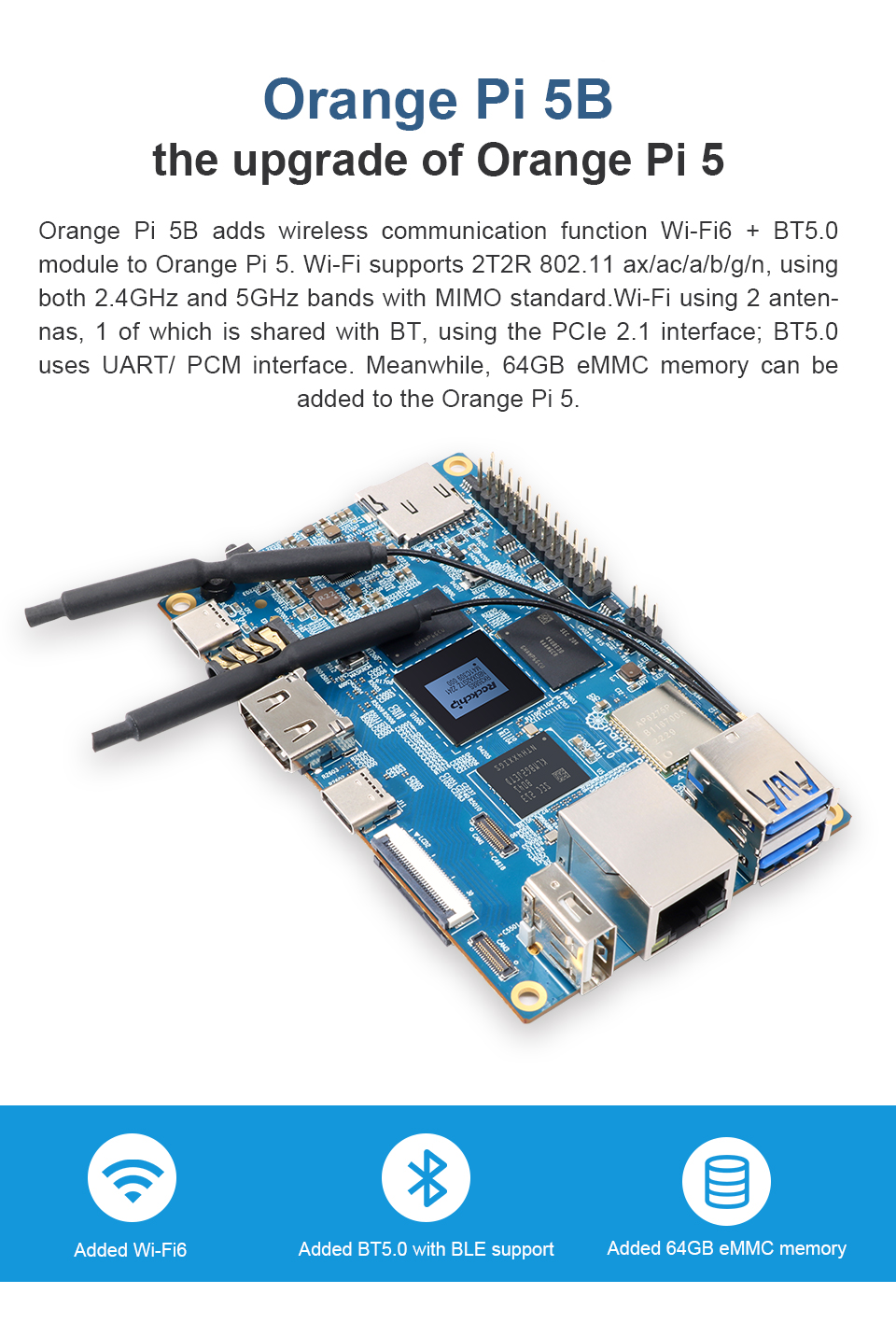 Orange Pi 5B 8GB RK3588S - 64GB EMMC - On-board WIFI + BT - Loja da ...