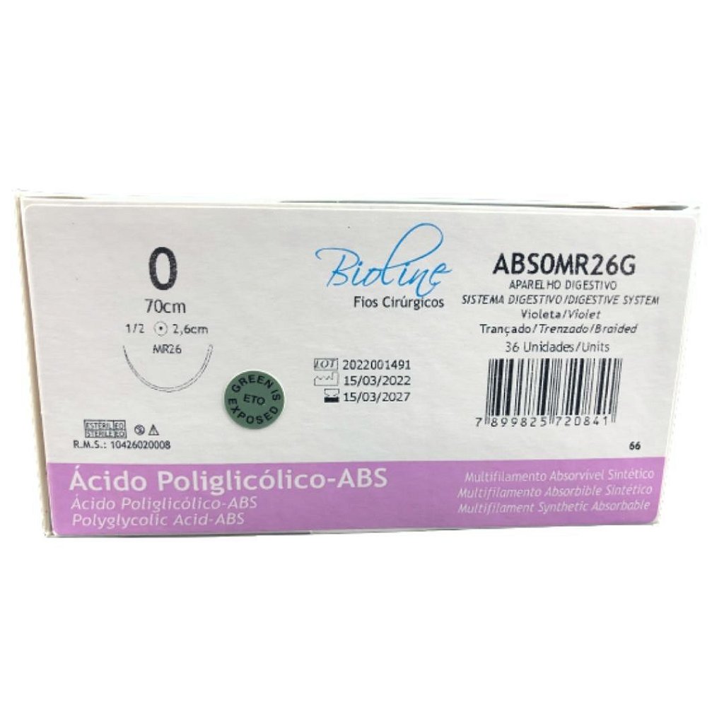 ABS - Fio Ácido Poliglicólico Nº 0 70 cm 1/2 R 2,6 cm Unitário - Bioline - KV Medical Produtos ...