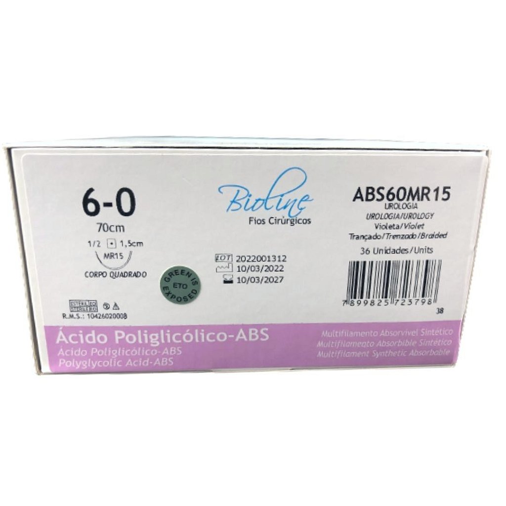 ABS - Fio Ácido Poliglicólico Nº 6-0 70 cm 1/2 R 1,5 cm Unitário - Bioline - KV Medical Produtos ...