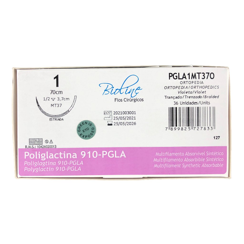 PGLA - Fio Poliglactina-910 Nº 1 70 cm 1/2 T 3,7 cm Unitário - Bioline ...