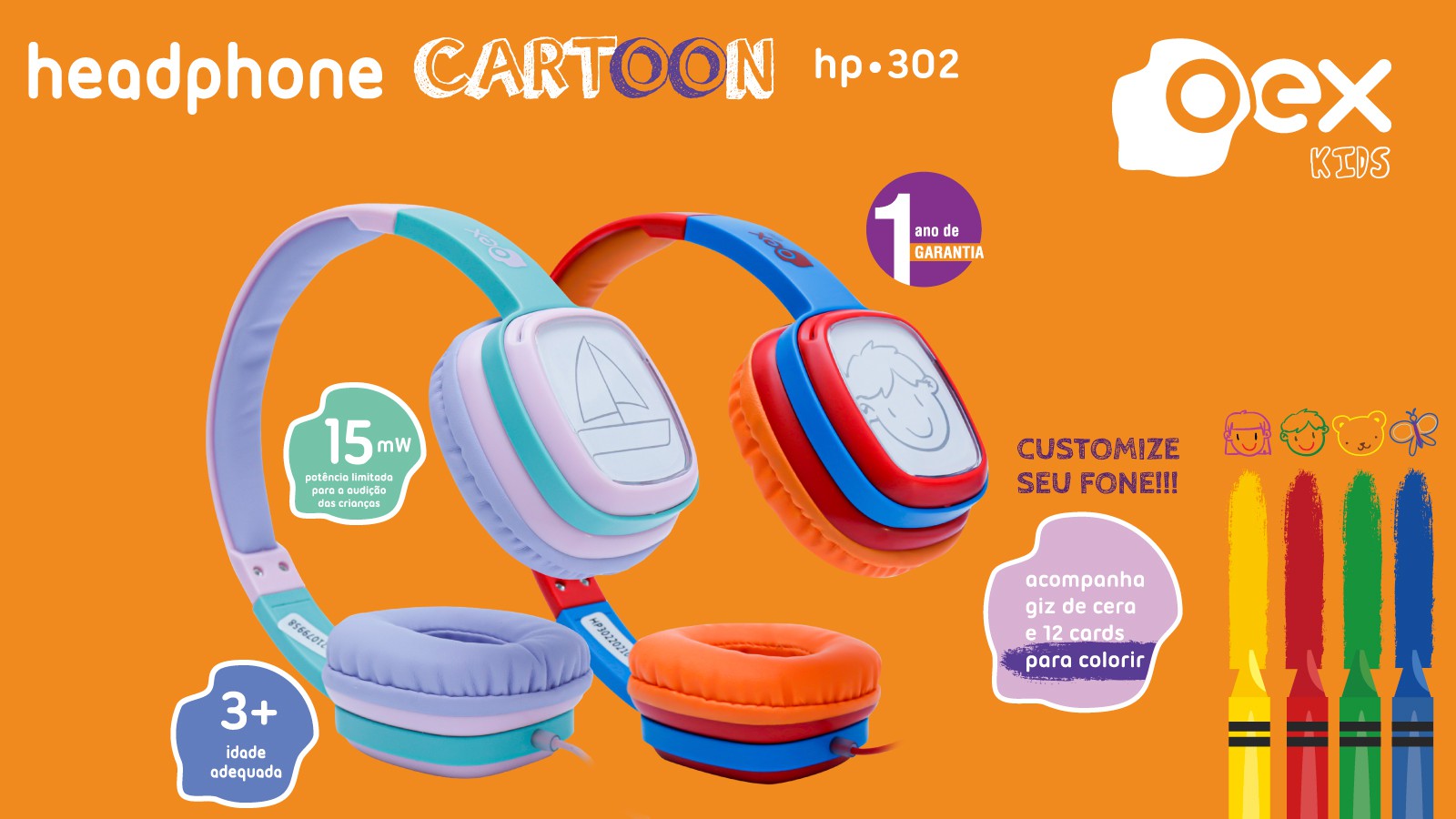 Fone De Ouvido Infantil OEX KIDS Cartoon HP302 85dB - Rosa e Lilás ...